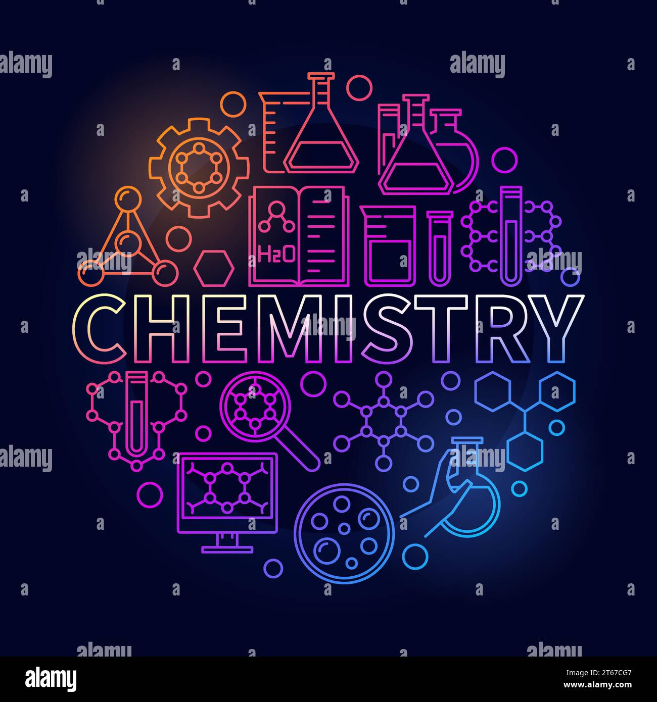 Chemistry colorful round illustration. Vector thin line science symbol ...