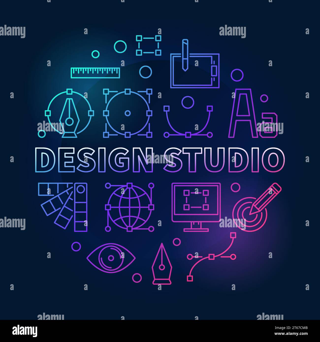 Design studio bright and colorful round vector illustration in thin ...