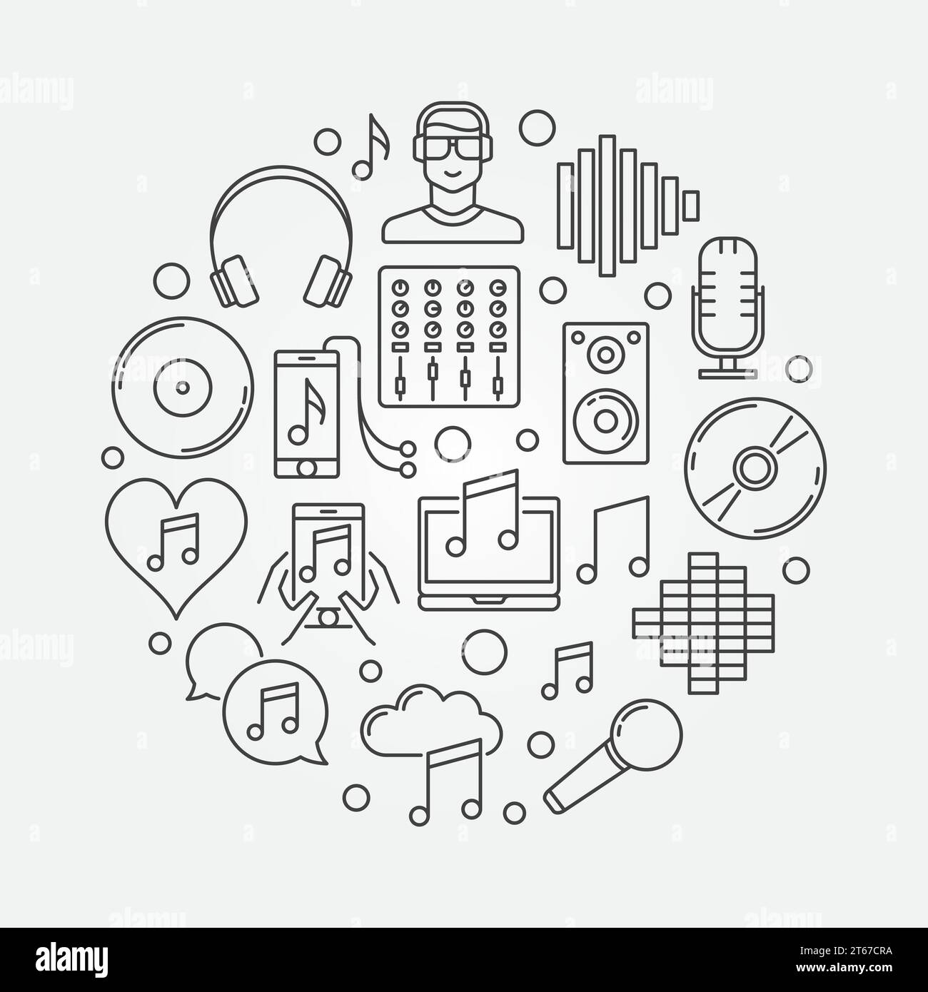 DJ concept linear illustration. Vector music circular symbol in line ...