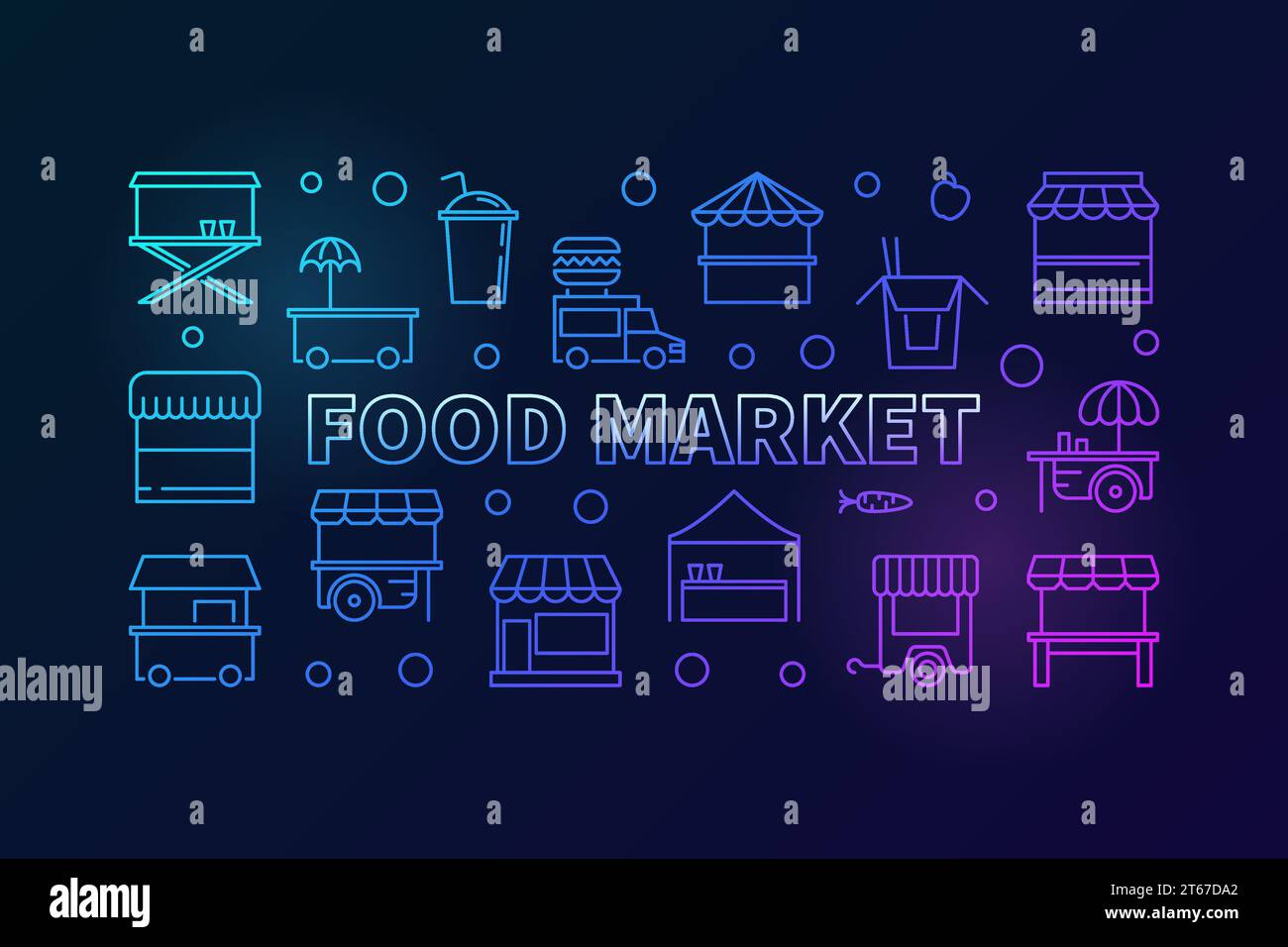 Colored food market horizontal line banner. Vector street food minimal ...