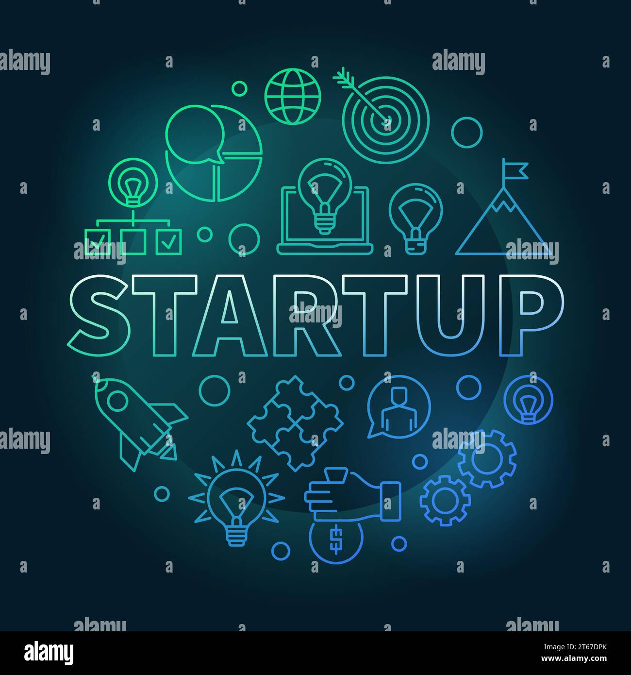 Startup round vector colored concept illustration in outline style on ...