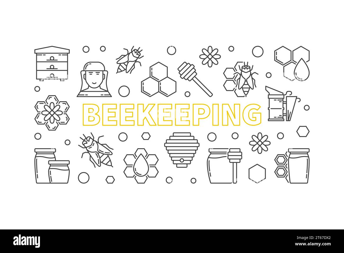 Beekeeping vector horizontal illustration made with bee, honey, honeycomb, apiary icons in thin ...