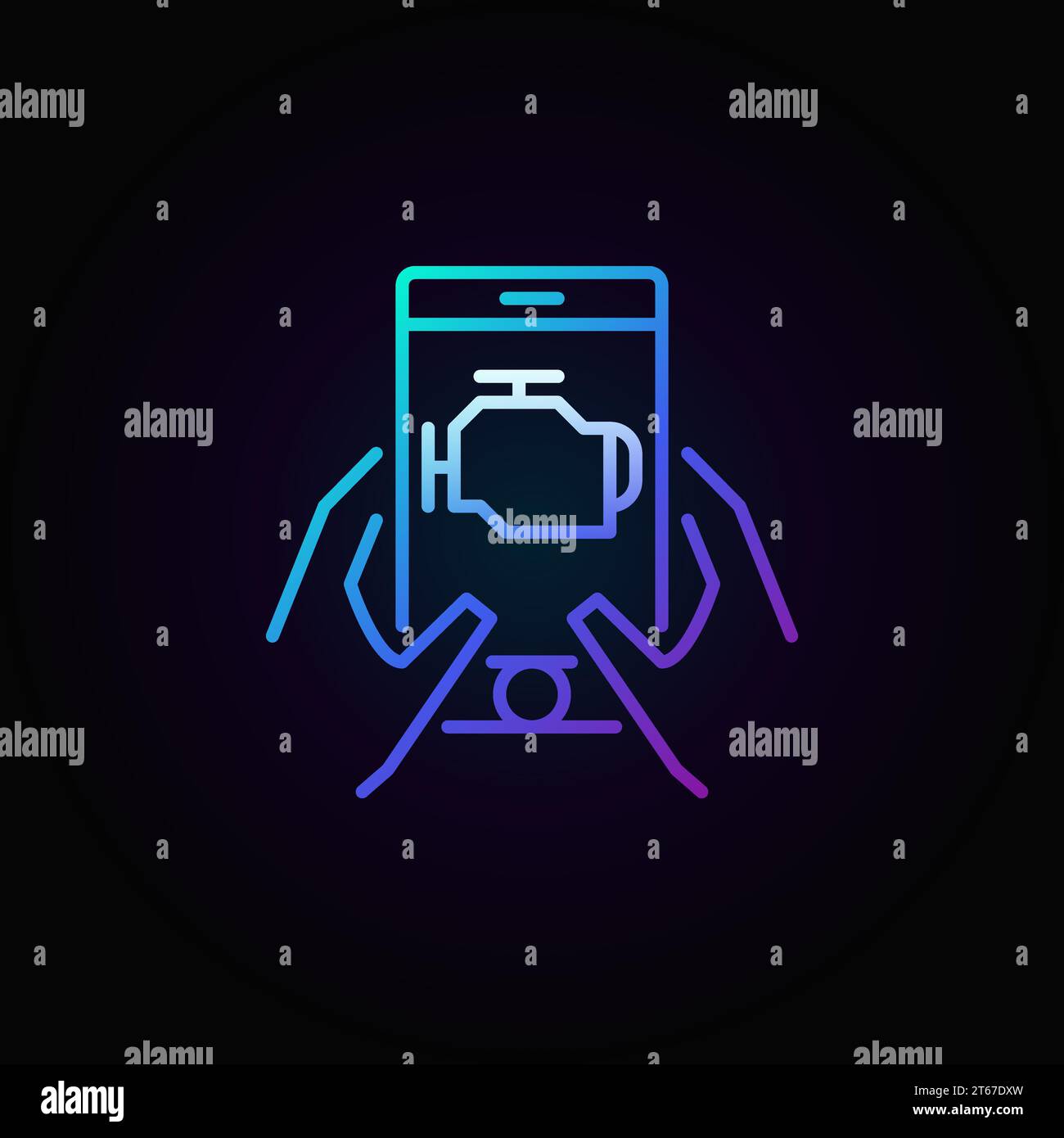 Colorful car engine diagnostics via smart phone vector linear icon or ...