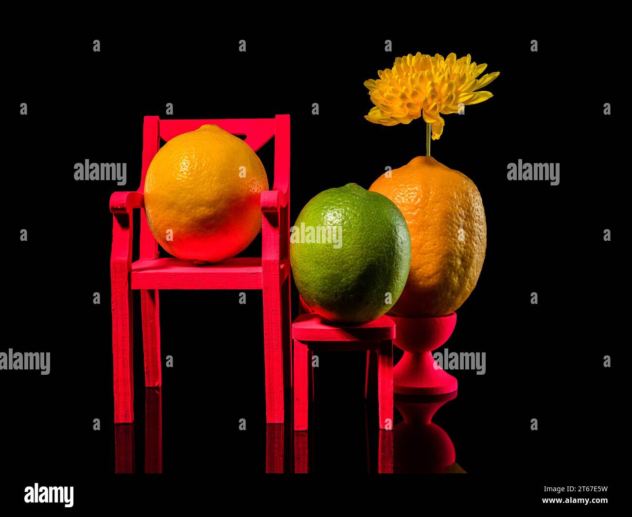 Creative still life with two lemons and lime on a black background ...