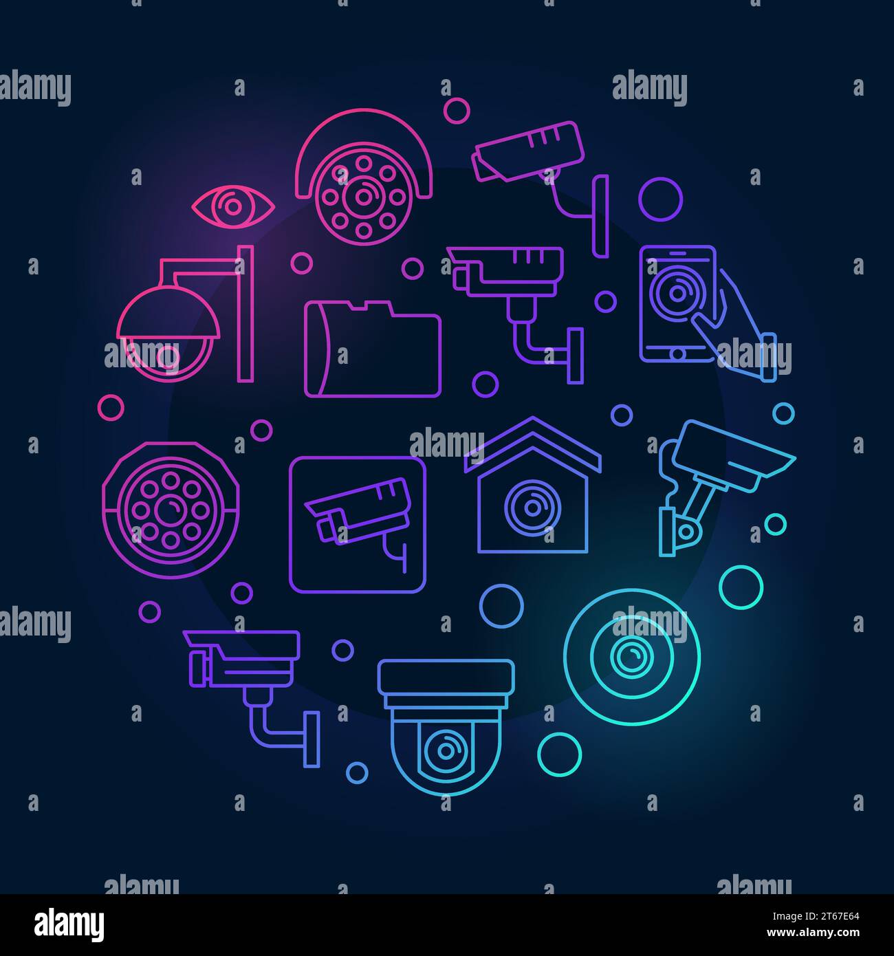 CCTV video security cameras colored round vector illustration or sign ...