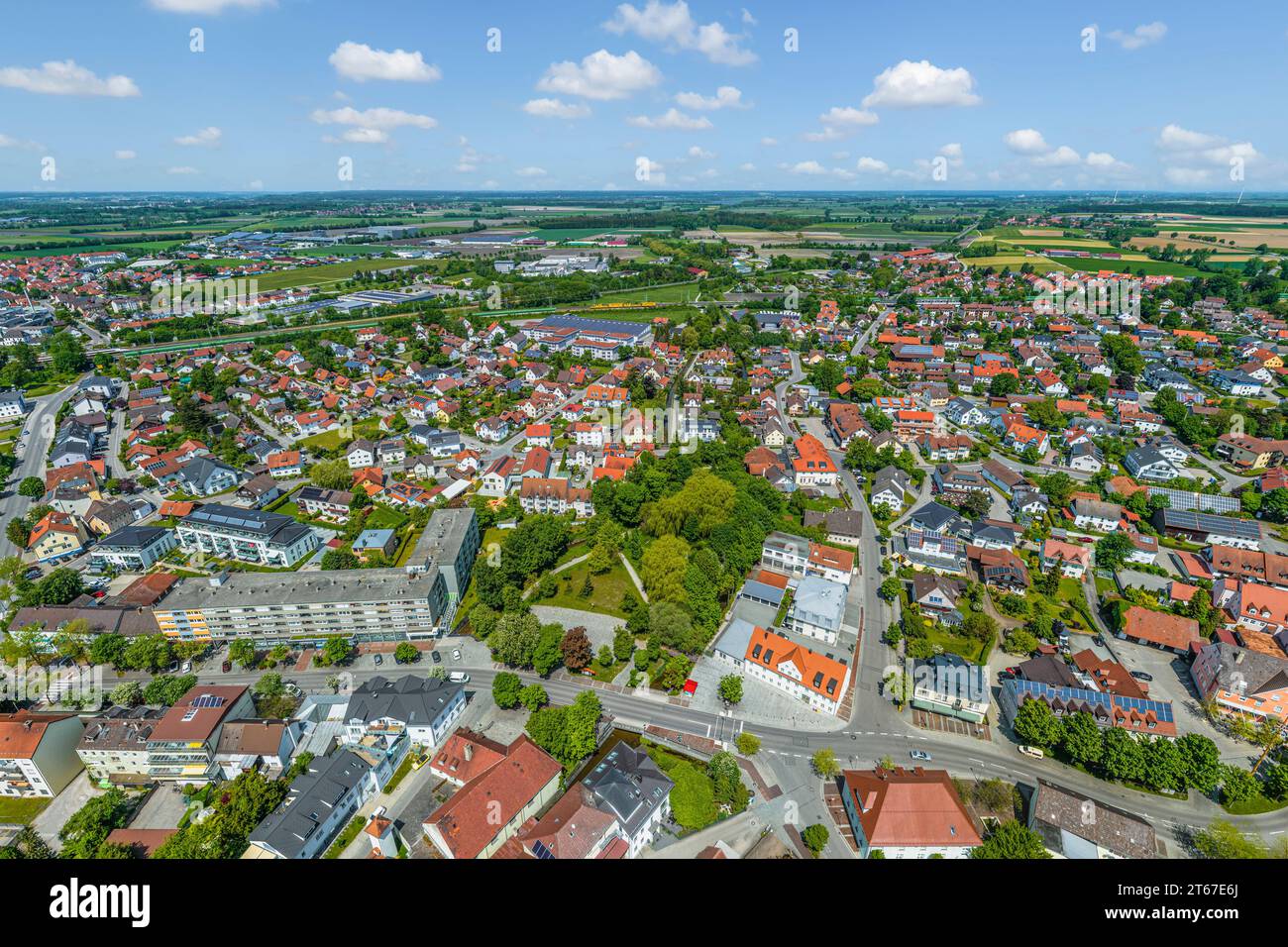Aerial view to the northern Eastern Allgaeu around the little town of ...