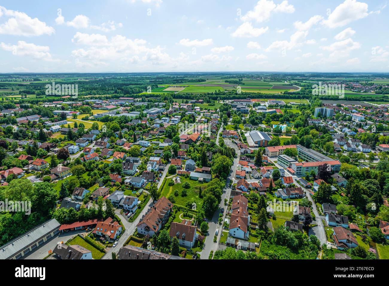 Aerial view to the northern Eastern Allgaeu around the little town of ...