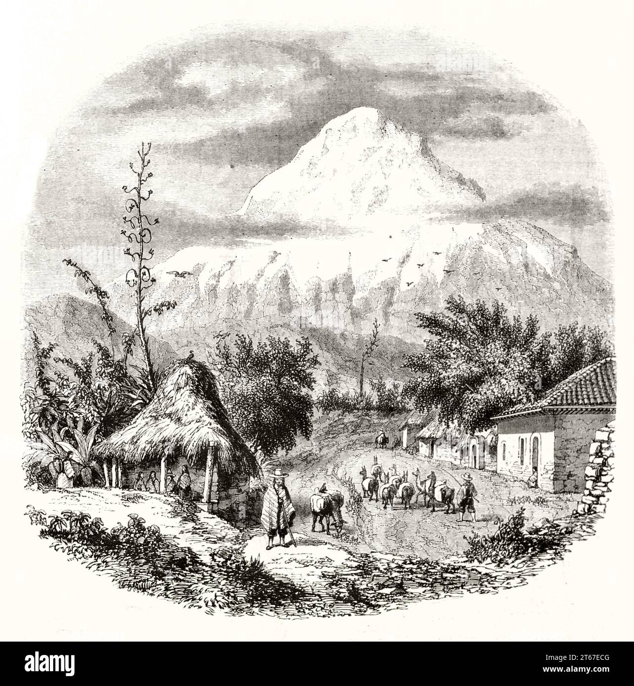 Old view of Chimborazo volcano from Riobamba, Ecuador. By Charton, publ ...