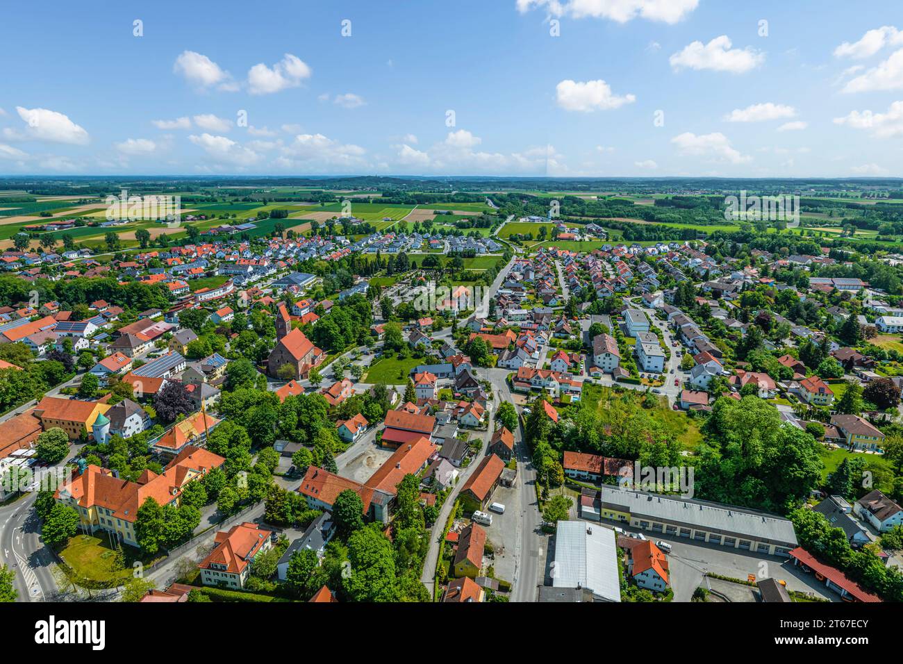 Aerial view to the northern Eastern Allgaeu around the little town of ...