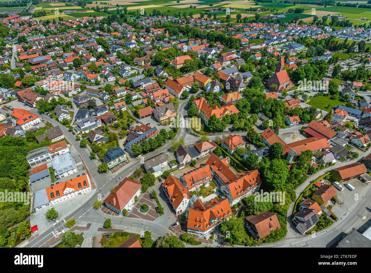 Aerial view to the northern Eastern Allgaeu around the little town of ...