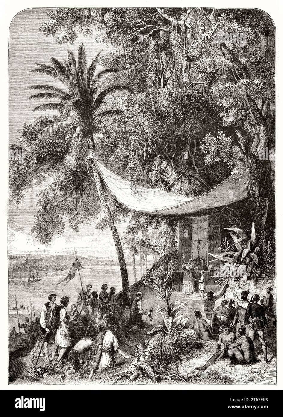 Old illustration depicting the first Catholic Mass celebrated in ...