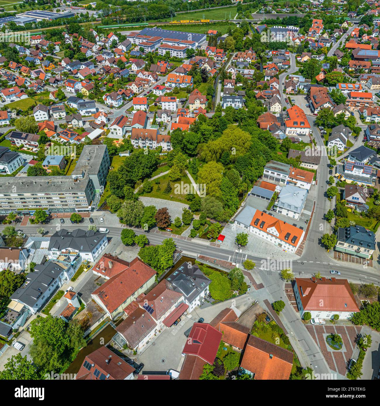 Aerial view to the northern Eastern Allgaeu around the little town of ...