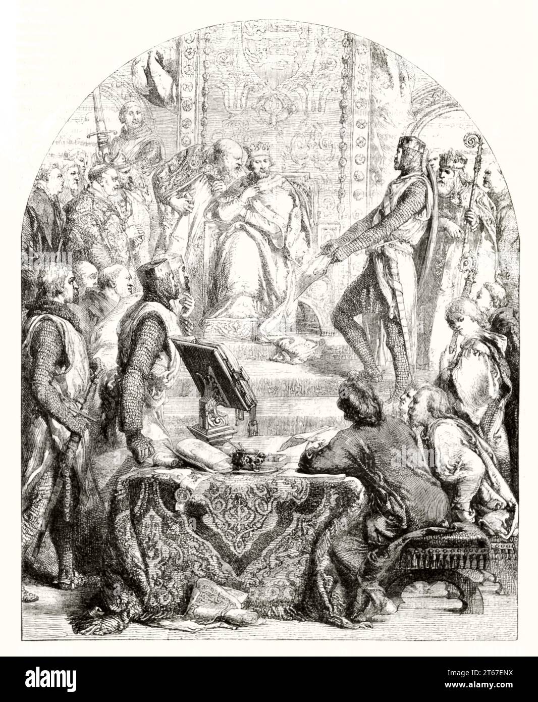 Old illustration of Henri III forced to promise Magna Carta execution ...