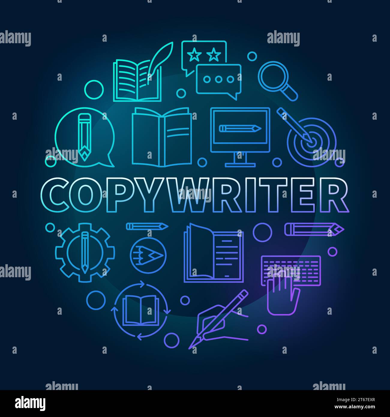Copywriter vector blue round illustration made with outline icons on ...