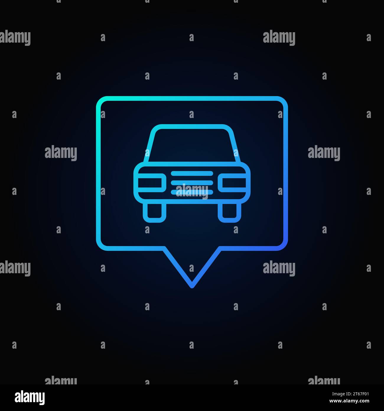 Blue car in square pointer - vector car front view outline sign on dark ...