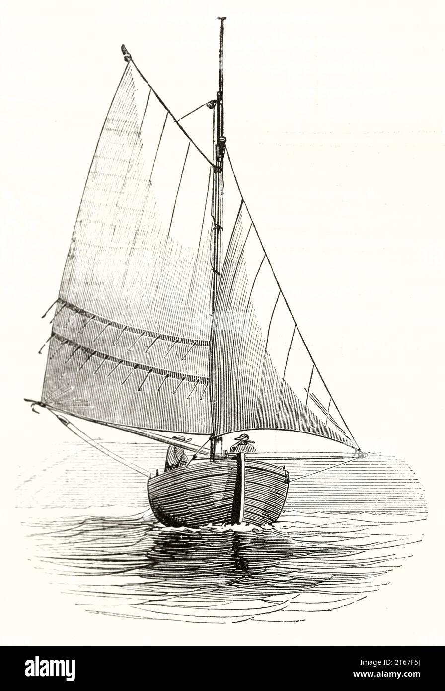 Old illustration of a sailboat and sail components (bow view). By ...