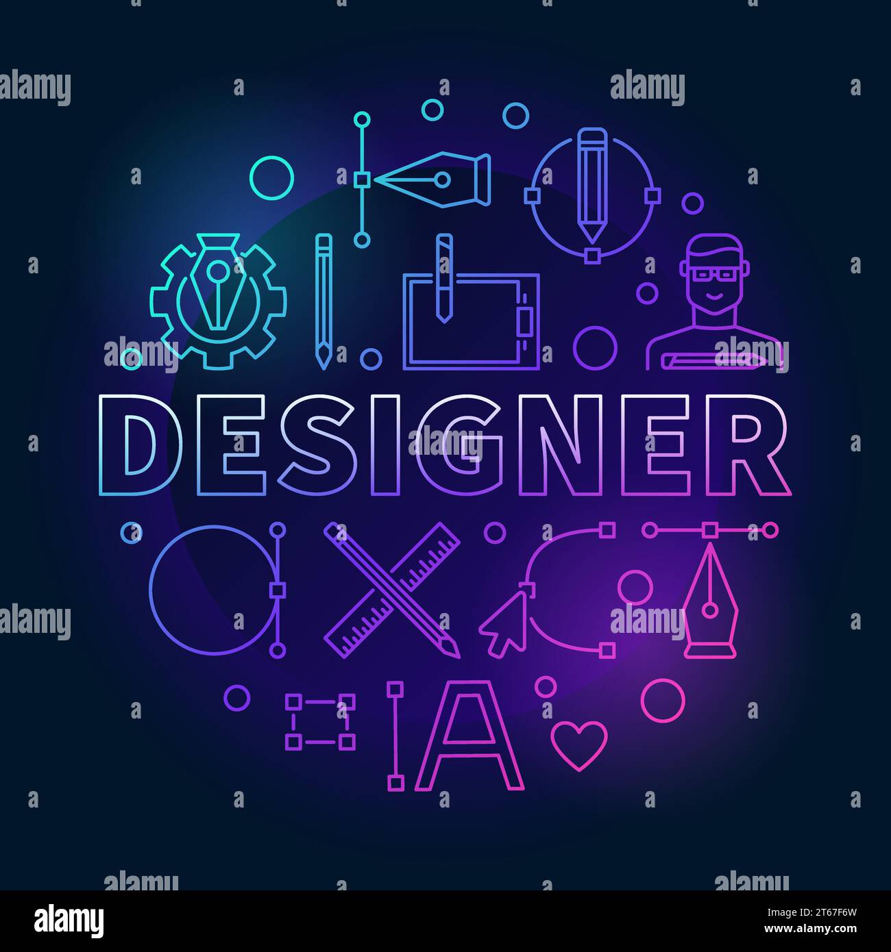 Designer colored vector round illustration in outline style on dark ...