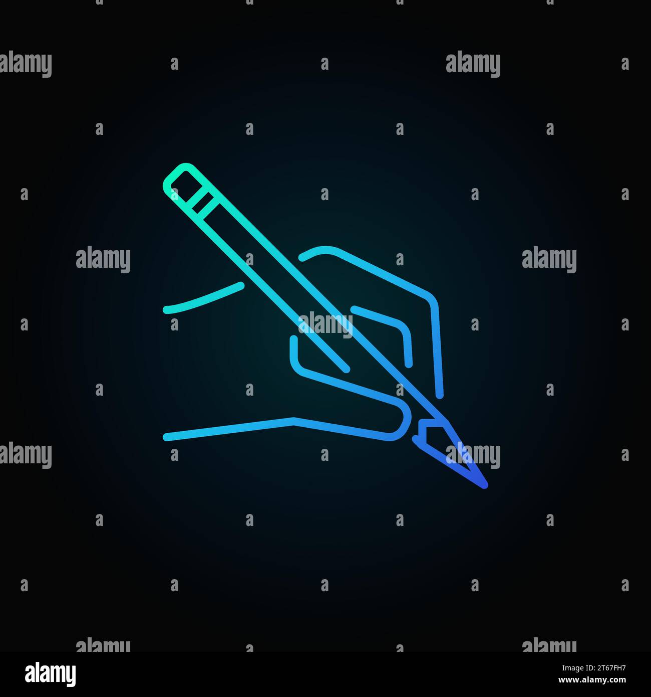 Hand with a pencil blue vector icon or logo element on dark background ...