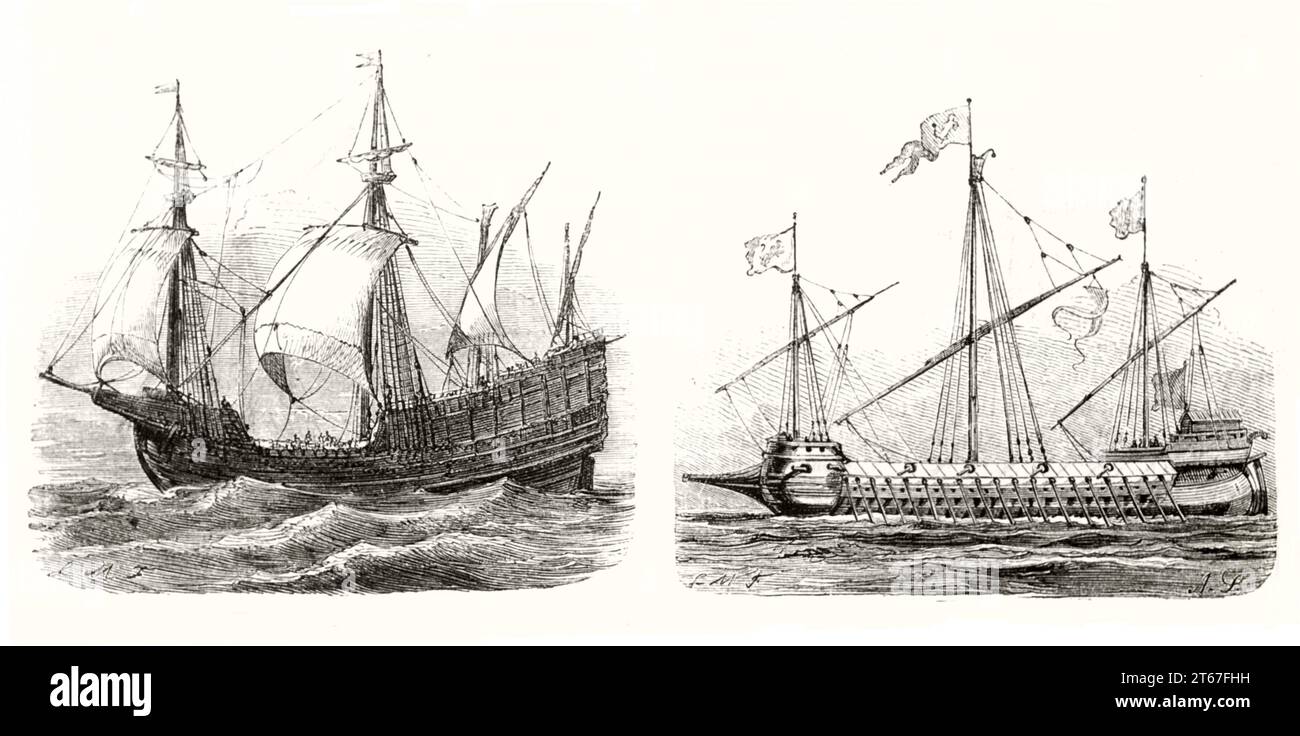 Old Vessels Illustrations 15th Century Carrak Left And 16th Century Venetian Galleass By