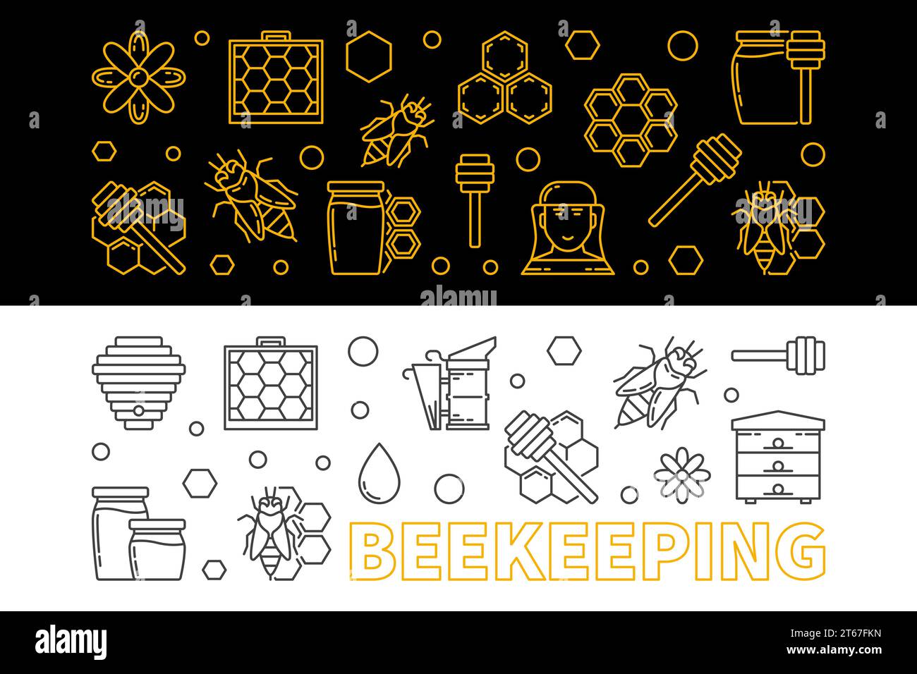 Vector set of 2 beekeeping outline horizontal banners. Honey and ...