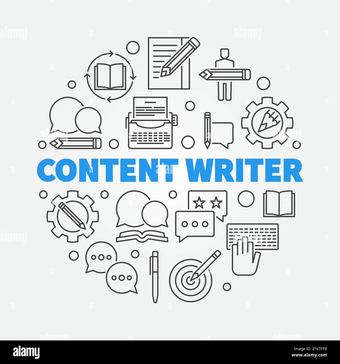 Content writer vector round illustration made with outline icons Stock ...