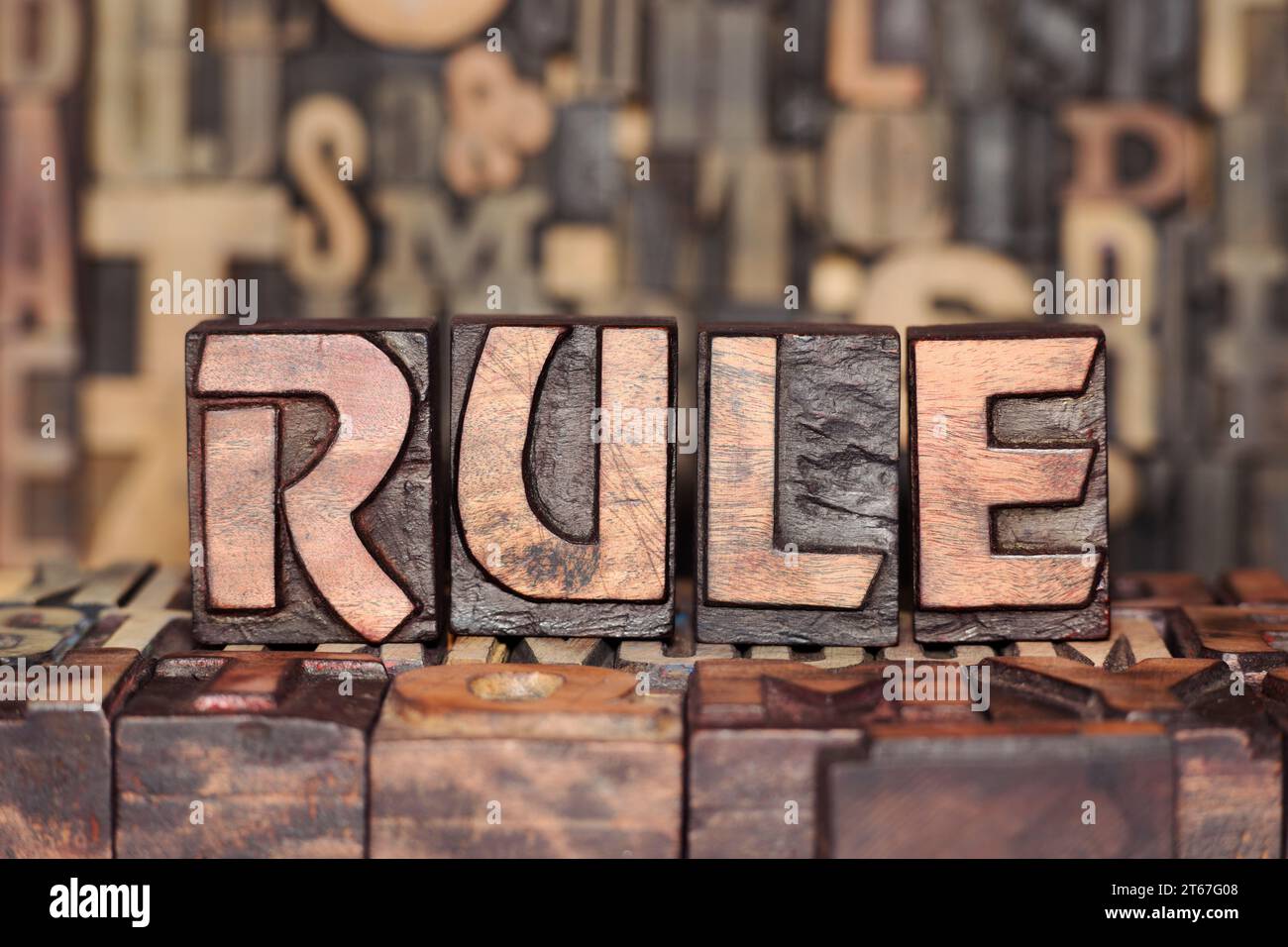 RULE word made from wooden letterpress blocks on many different letters ...