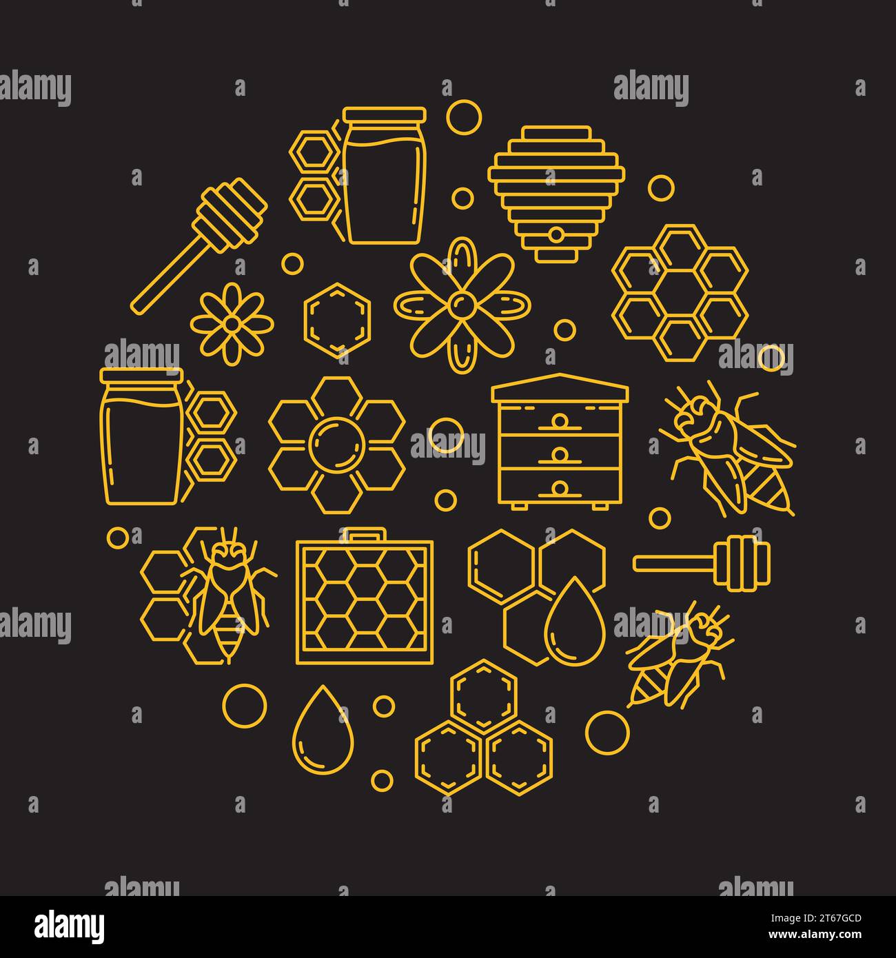 Apiary and beekeeping round vector illustration in thin line style on ...