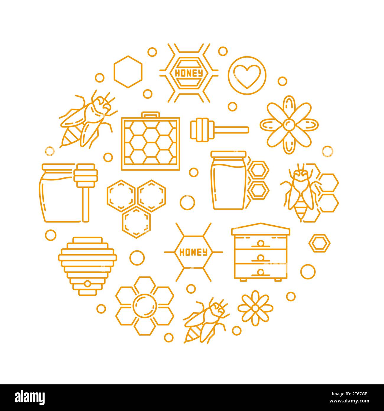 Honey and Beekeeping vector linear round illustration. Honeybee, bee ...