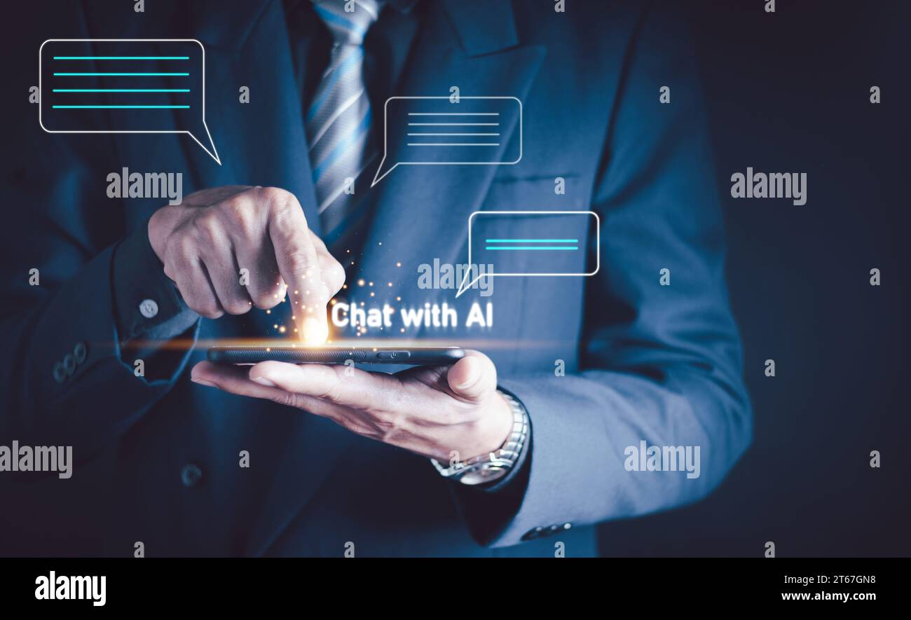 Ai tech, businessman using technology Global Internet connect Chatgpt Chat with AI, Artificial ...