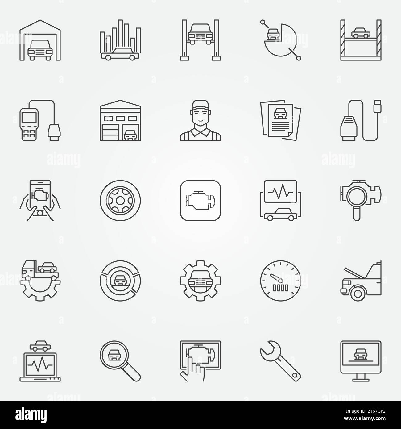 Car diagnostics icons set - vector automotive diagnostics concept signs ...