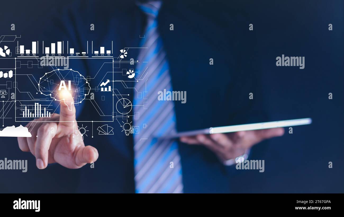 Ai tech, businessman show virtual graphic Global Internet connect Chat with AI, Artificial ...