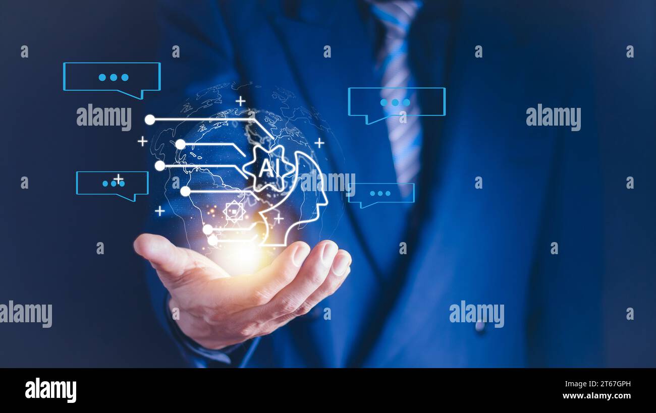 Ai tech, businessman show virtual graphic Global Internet connect Chat with AI, Artificial ...