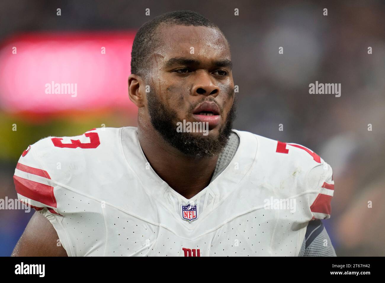 New York Giants offensive tackle Evan Neal (73) against the Las Vegas ...