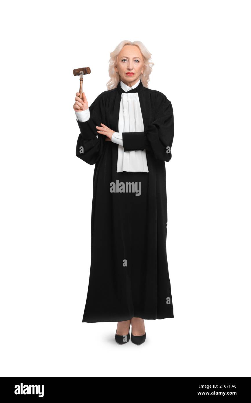 Senior judge with gavel on white background Stock Photo - Alamy
