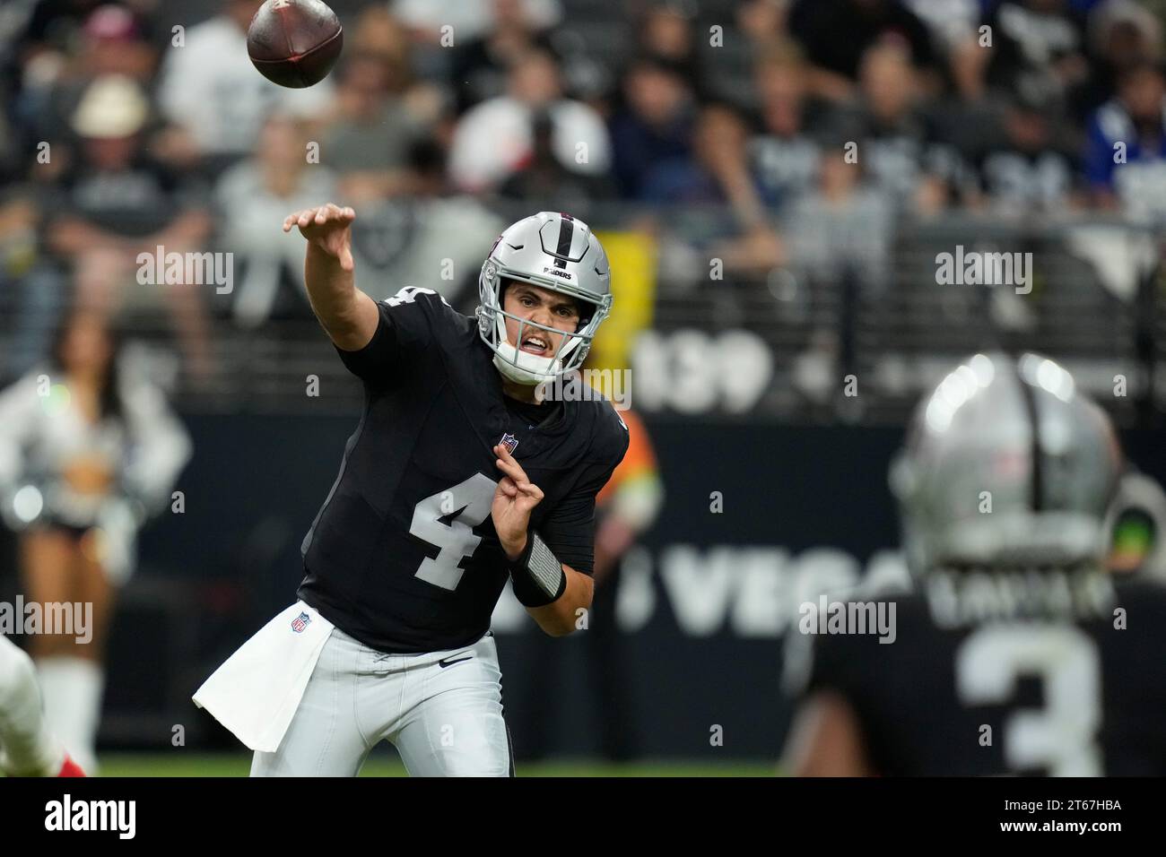 Las Vegas Raiders quarterback Aidan O'Connell (4) throws against the ...