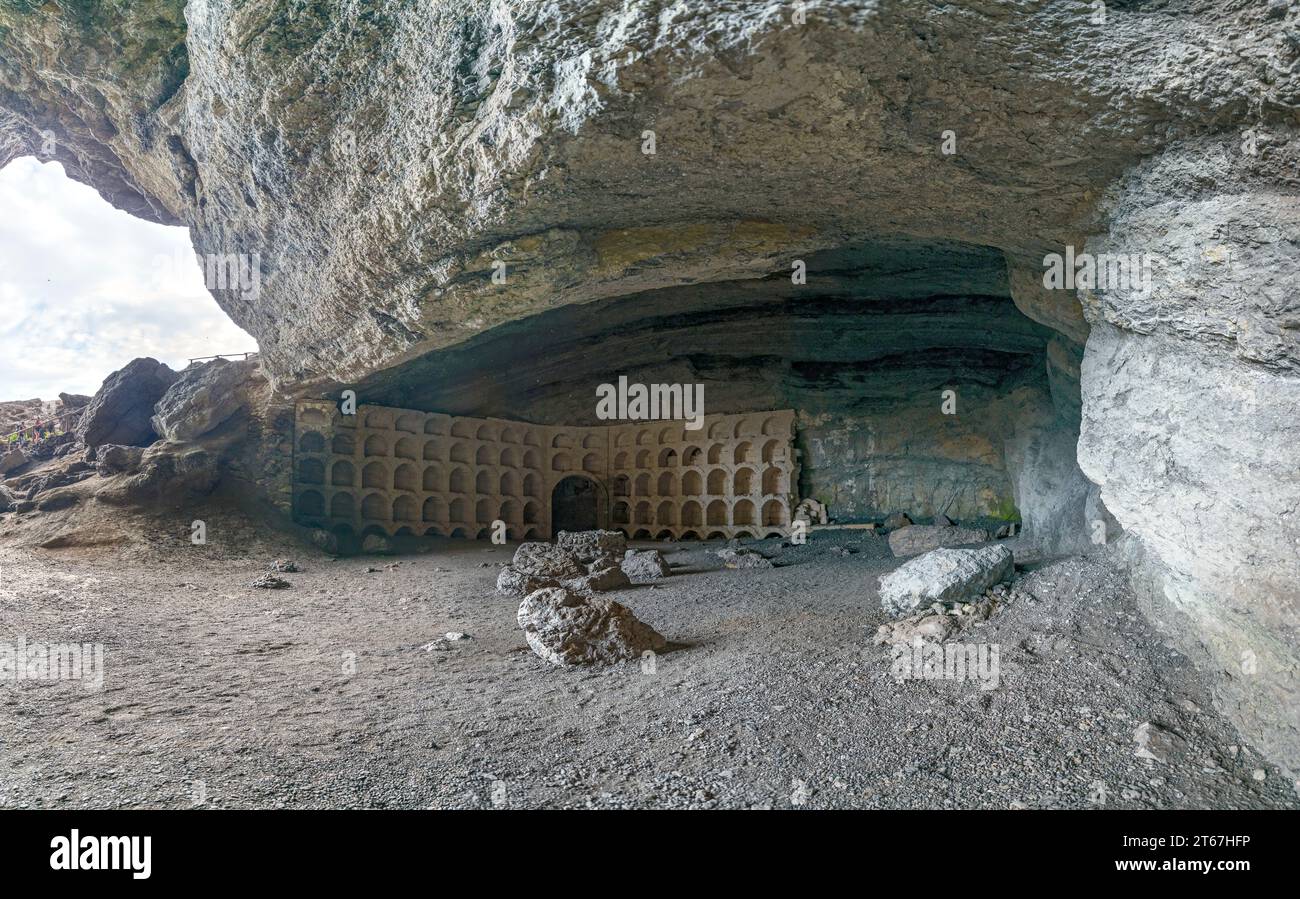 Colossal inner space of famous natural Golitsyn Grotto in seaside of ...