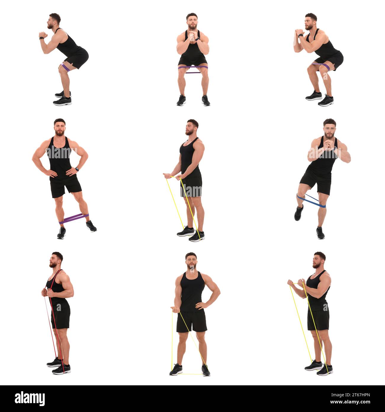 Athletic man doing different exercises with elastic resistance band on ...