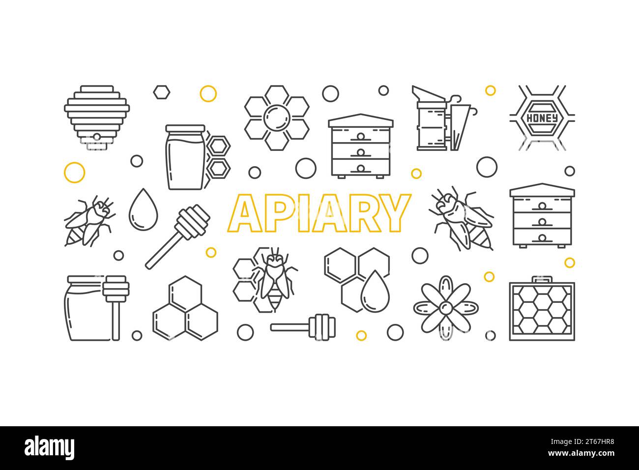 Apiary and beekeeping vector horizontal illustration in thin line style on dark background Stock ...