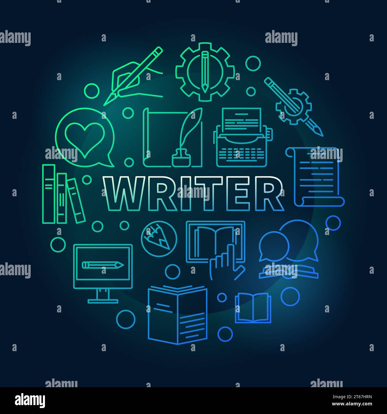 Writer vector colored round illustration made with linear icons on dark ...