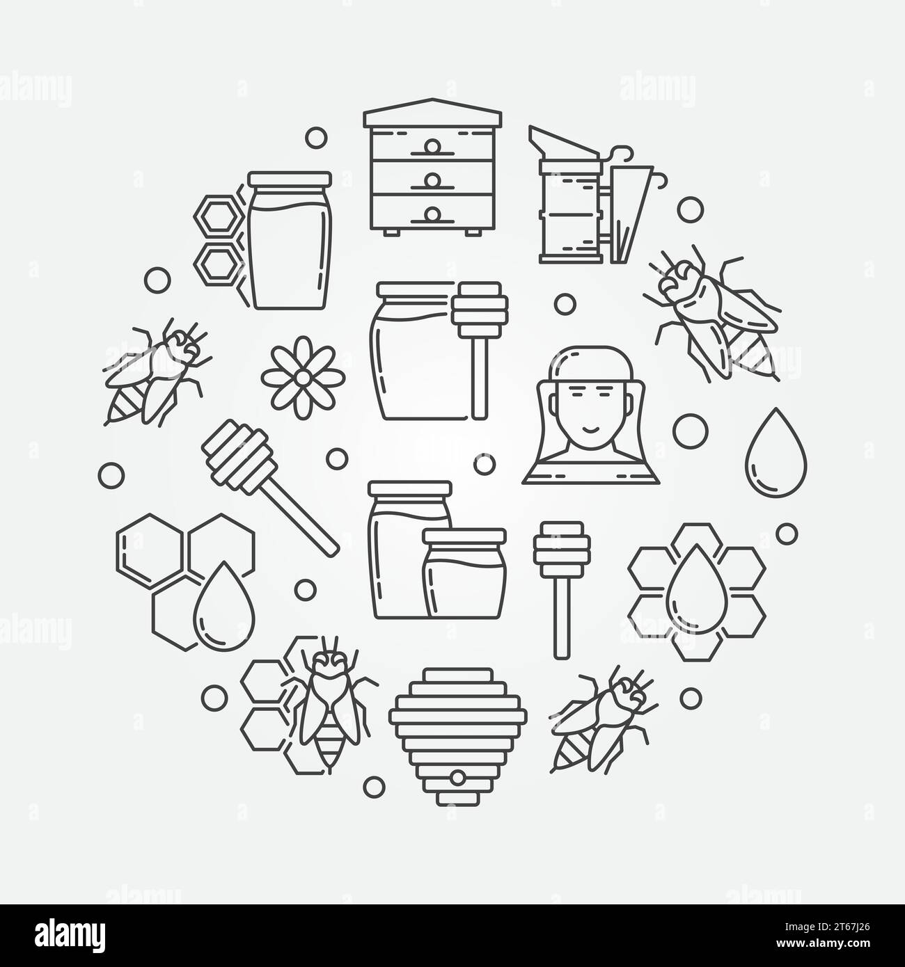 Beekeeping vector outline circular illustration. Honey and beekeeping round concept symbol in ...