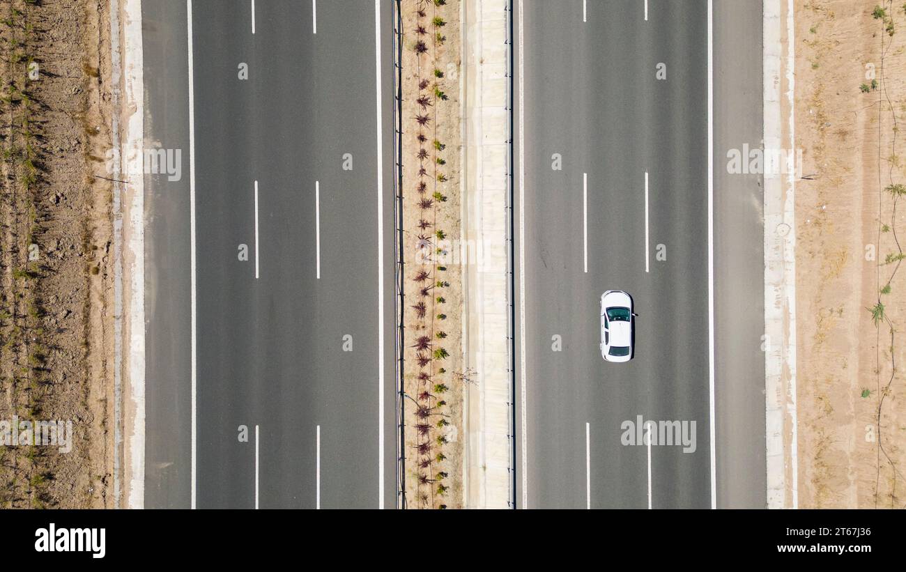 Aerial top down view of a three lane major highway. transportation ...