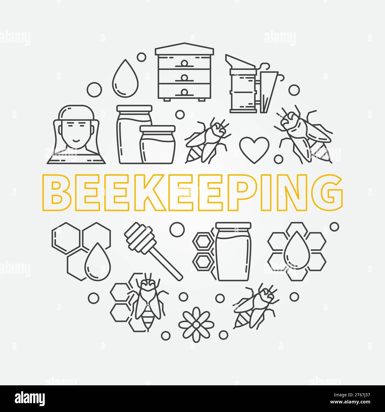 Beekeeping round vector illustration made with bee, honey, honeycomb, apiary icons in thin line ...