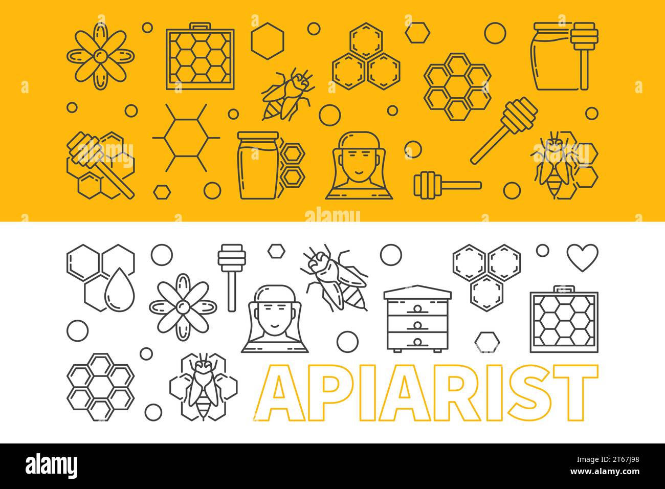 Apiarist vector horizontal illustrations in thin line style. Set of 2 ...
