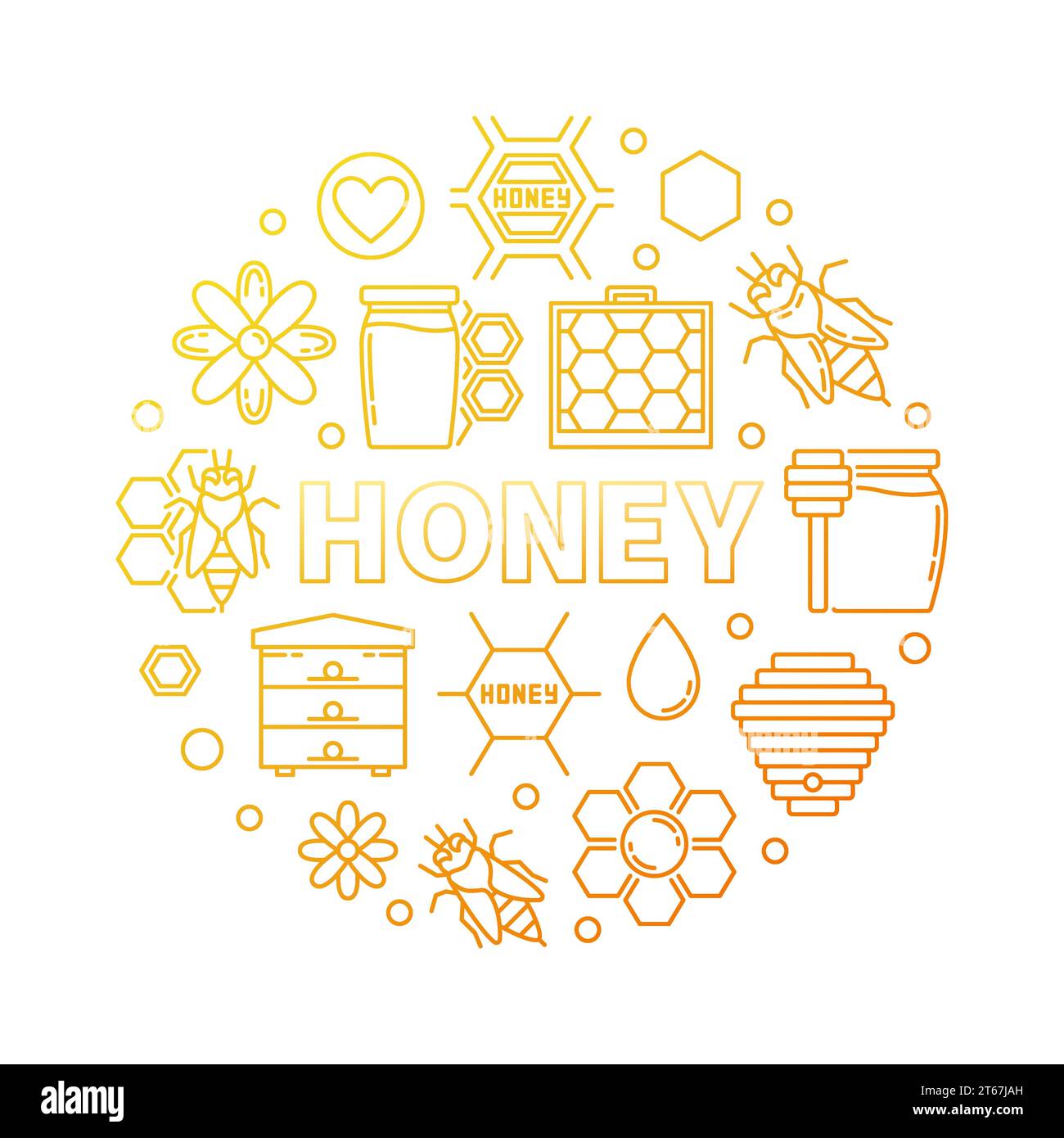 Honey vector round yellow outline illustration. Word Honey and ...