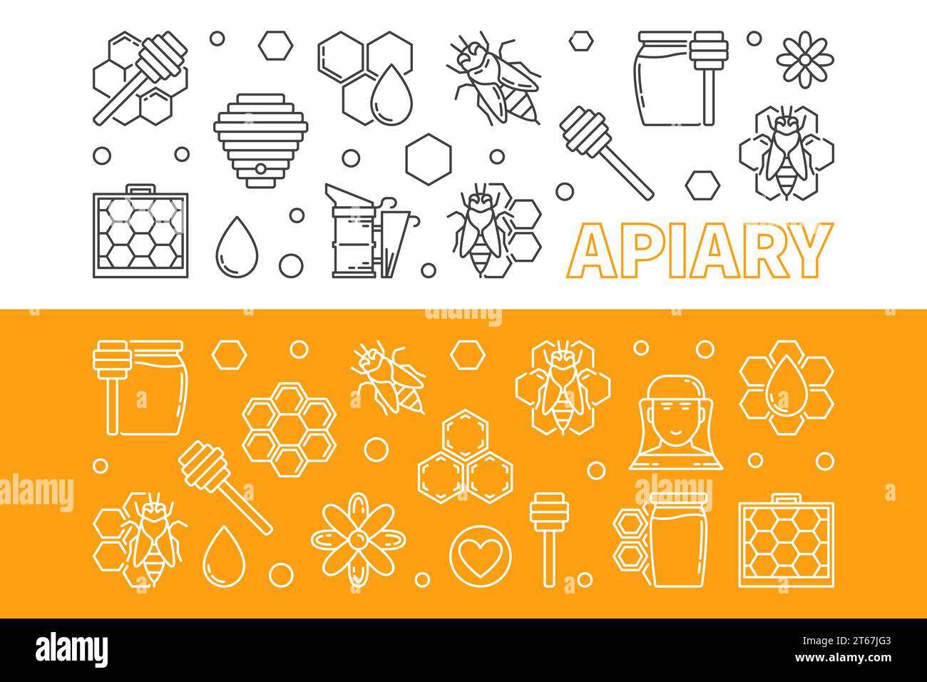 Apiary vector 2 banners set. Modern beekeeping horizontal illustrations in thin line style Stock ...