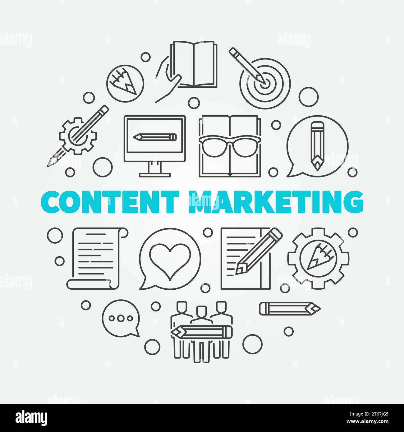 Content Marketing round vector concept illustration made with outline ...