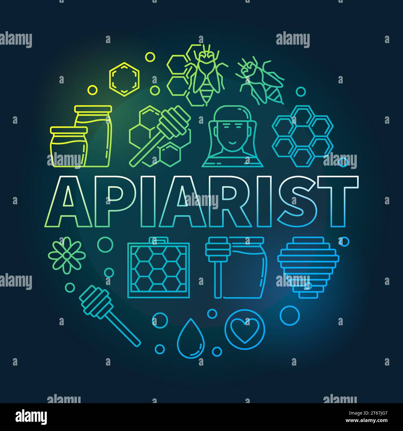 Apiarist vector colored round illustration in thin line style on dark ...