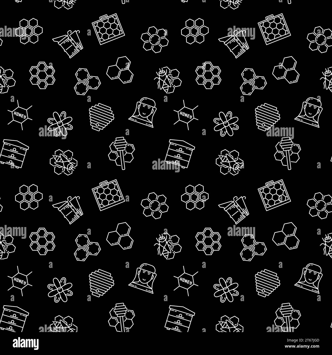 Beekeeping and Apiary dark vector seamless background or pattern made outline honey bees ...