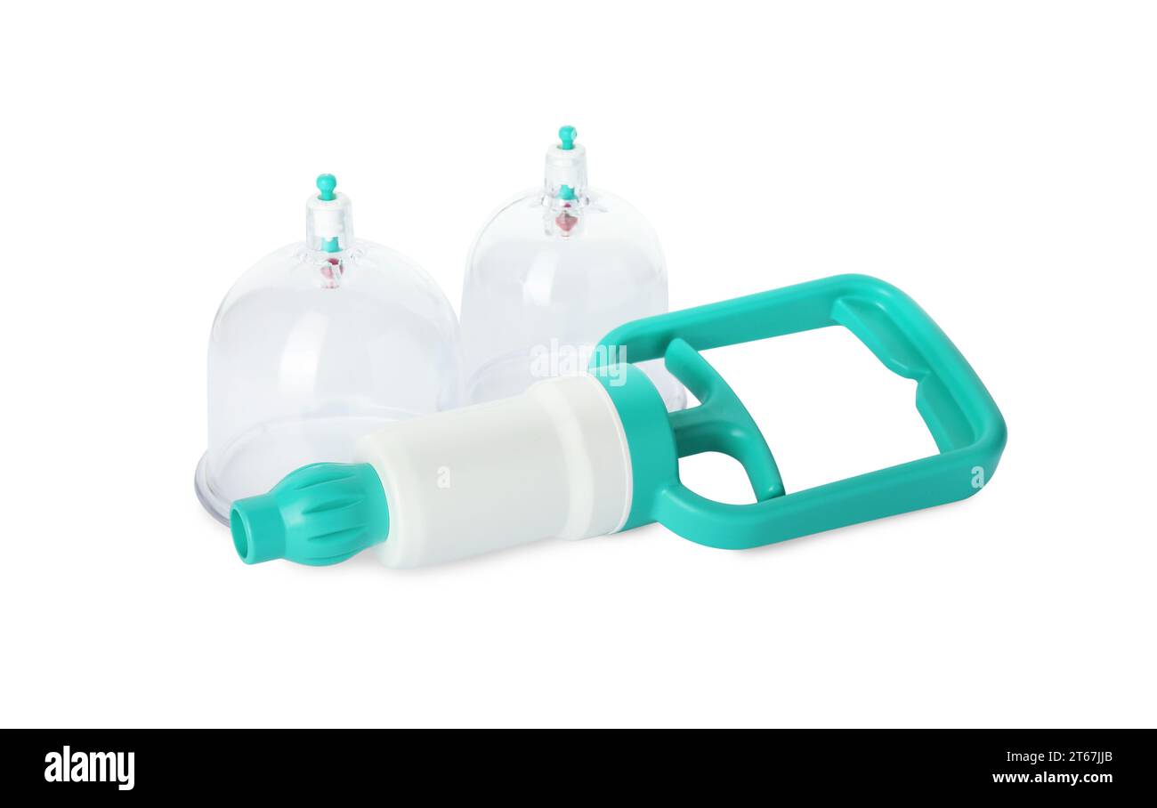 Plastic cups and hand pump isolated on white. Cupping therapy Stock ...