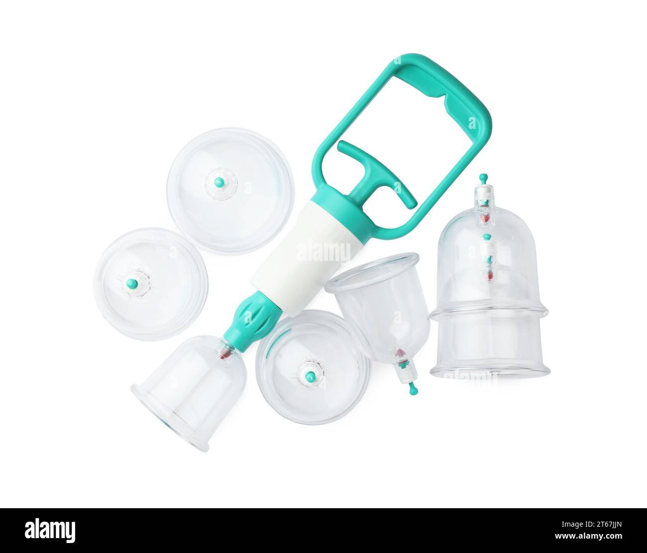 Plastic cups and hand pump isolated on white, top view. Cupping therapy ...